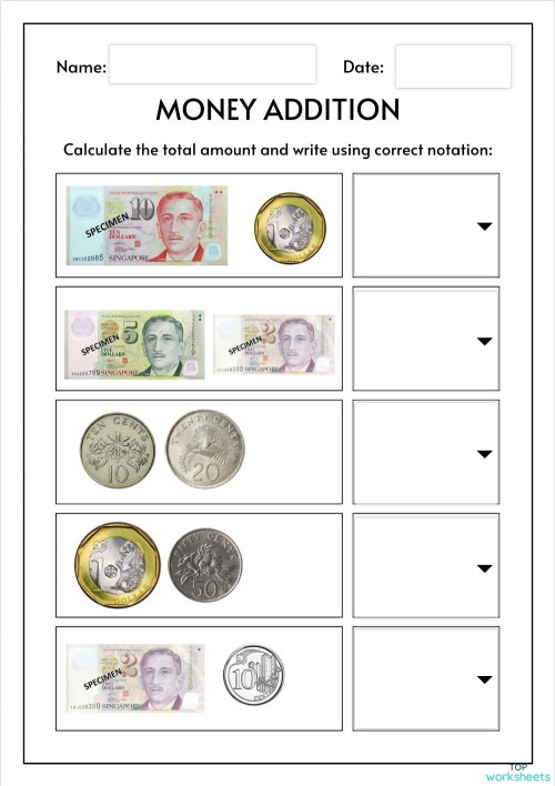 Money Addition Worksheet. Interactive worksheet | TopWorksheets