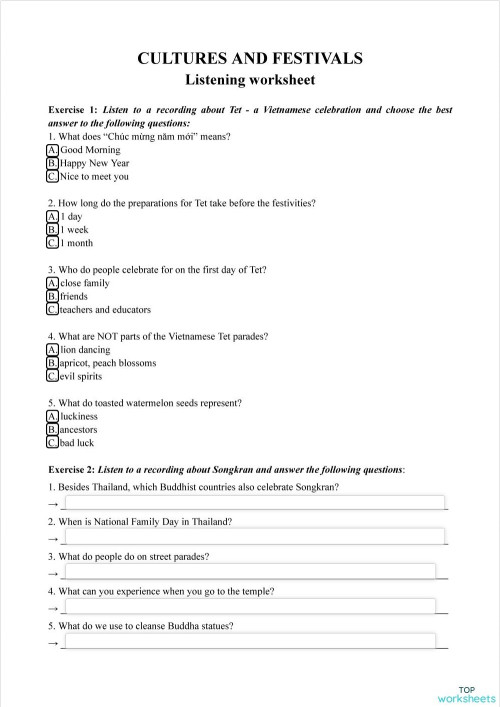 CULTURES AND FESTIVALS Listening worksheet. Interactive worksheet ...