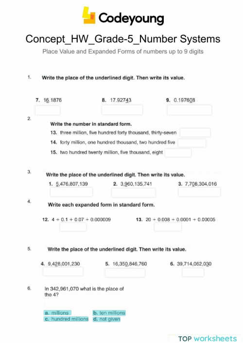 Concept-HW-Place Value and Expanded Forms of numbers up to 9 digits. Interactive worksheet ...