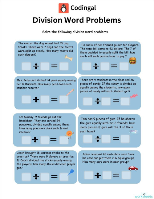 M_G02M11L54_WA02_Division word Problems. Interactive worksheet | TopWorksheets
