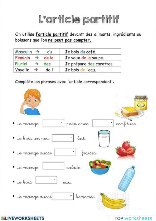 Exercice les partitifs + les aliments. Fiche interactive | TopWorksheets