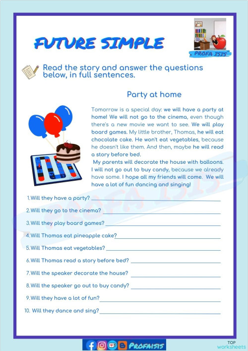 A1, A2. Simple Future. Story: A party at home. Ficha interactiva ...