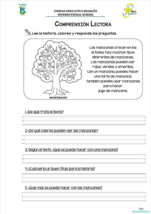 LECTURA COMPRENSIVA LAS MANZANAS. Ficha interactiva | TopWorksheets