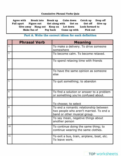 Cumulative Phrasal Verbs Quiz. Interactive worksheet | TopWorksheets