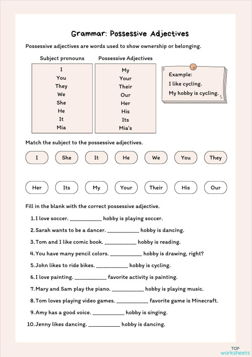 Possessive Adjectives WS. Interactive worksheet | TopWorksheets
