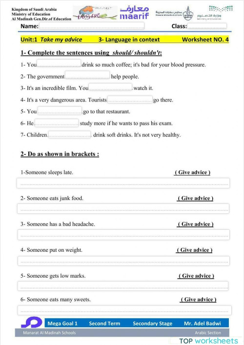 Mega Goal 1 Second Term Unit 2 Take My advice 3-Language in context ...