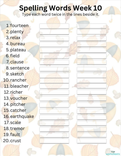 Spelling Words Week 10.1. Interactive worksheet | TopWorksheets
