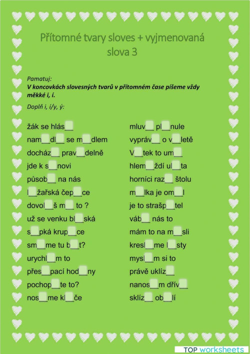 Přítomné tvary sloves + vyjmenovaná slova 3. Interaktivní pracovní list | TopWorksheets
