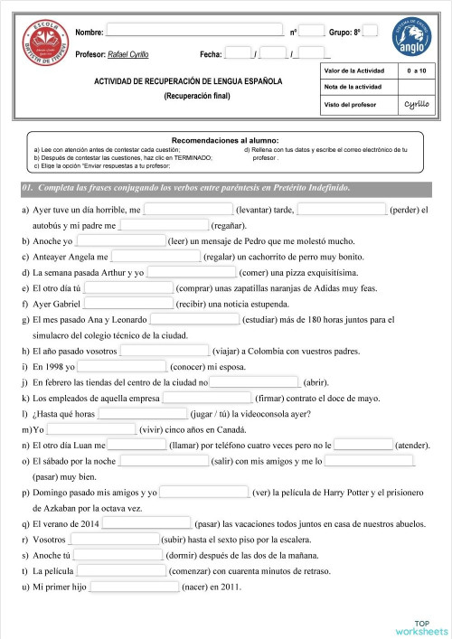 Pretérito Indefinido. Ficha interactiva | TopWorksheets