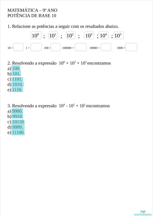 potência de base 10. Ficha interativa | TopWorksheets