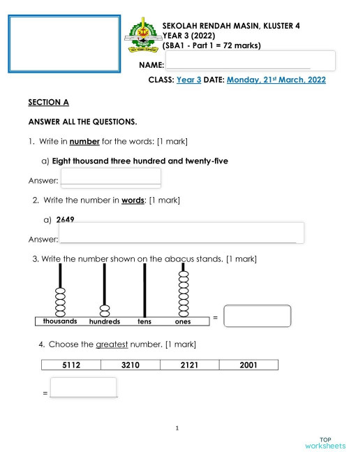 Yr 3 SBA 1 part 1 (Monday, 21-Mar-2022). Interactive worksheet ...
