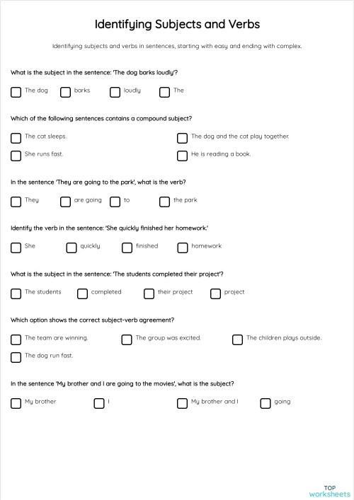 Identifying Subjects and Verbs. Interactive worksheet | TopWorksheets