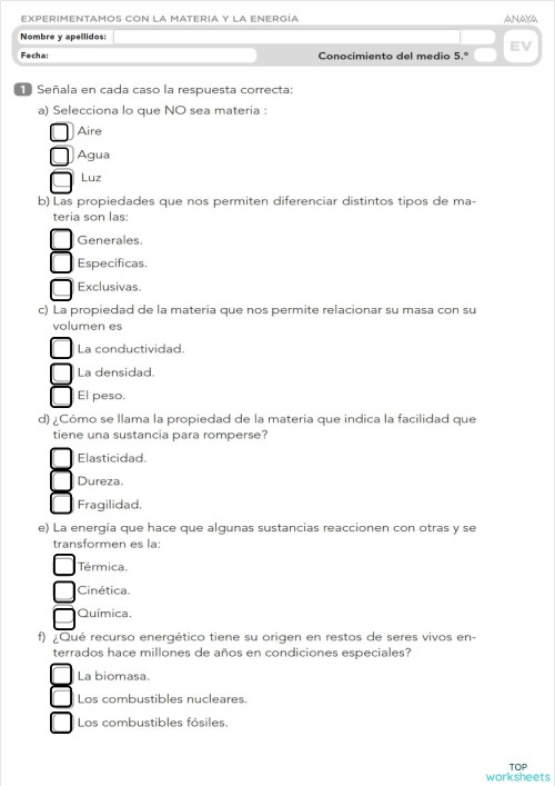LA MATERIA Y LA ENERGIA. Ficha interactiva | TopWorksheets