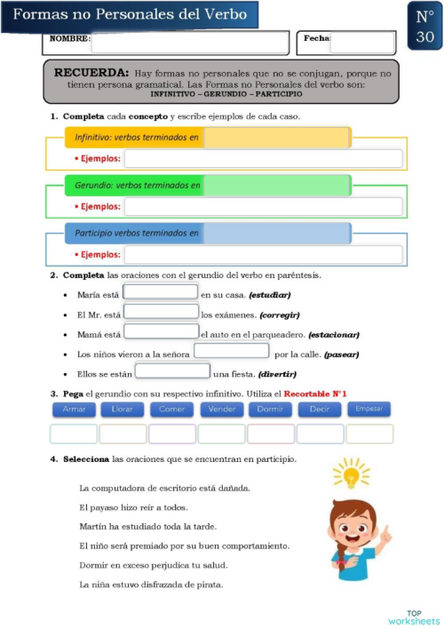 Formas no Personales del Verbo. Ficha interactiva | TopWorksheets