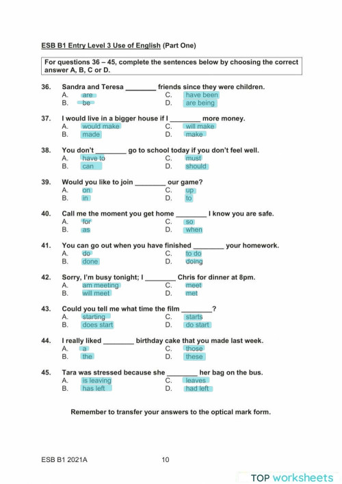 ESB B1 2021A USE OF ENGLISH. Interactive worksheet | TopWorksheets