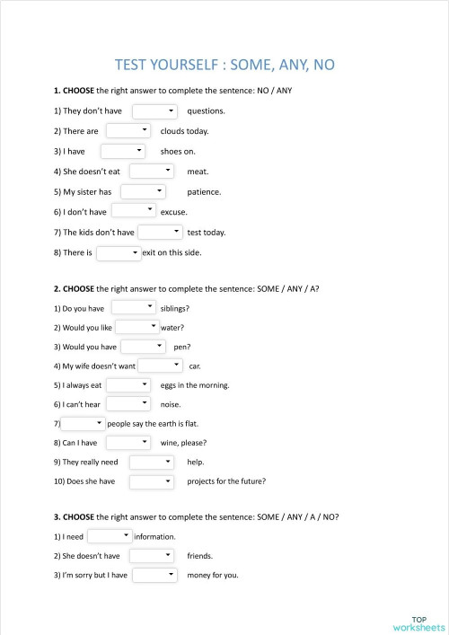 Test Yourself: some any no a. Interactive worksheet | TopWorksheets