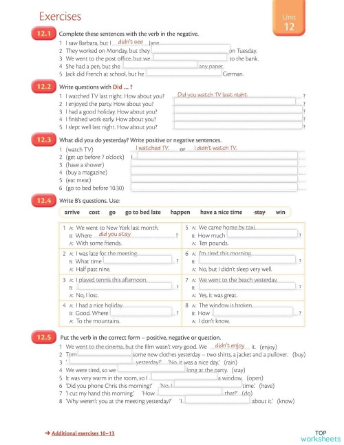 basic unit 6 (did- did not- was-were). Interactive worksheet ...