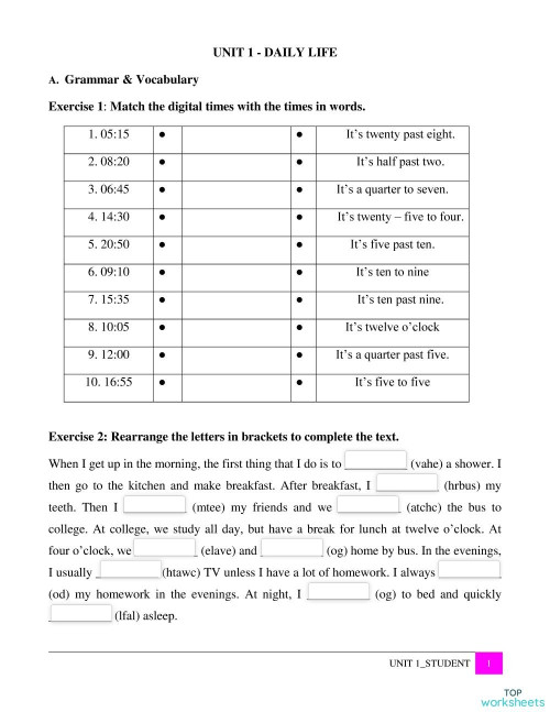 Unit 1 - Daily Life - Writing & Grammar. Interactive worksheet ...