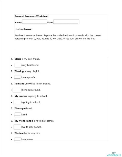 Personal Pronoun Worksheet. Interactive worksheet | TopWorksheets