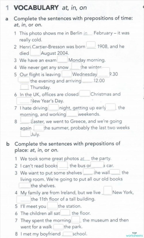 prepositions at/in/on (time and place). Interactive worksheet ...
