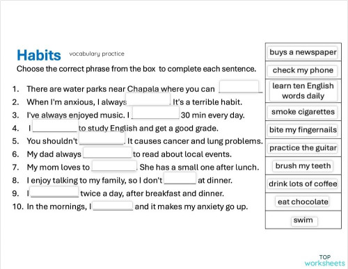 Habits practice. Interactive worksheet | TopWorksheets