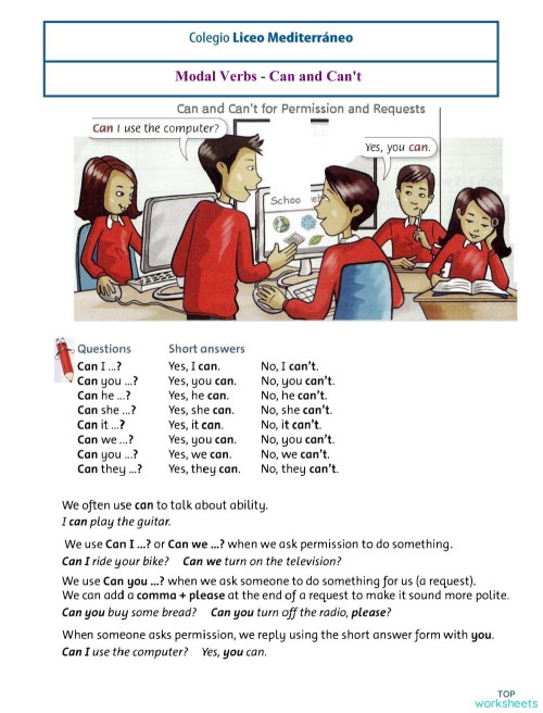 Modal verbs - can and can't. Interactive worksheet | TopWorksheets