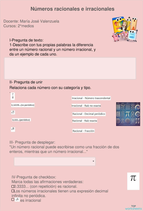 Tarea números racionales e irracionales. Ficha interactiva | TopWorksheets