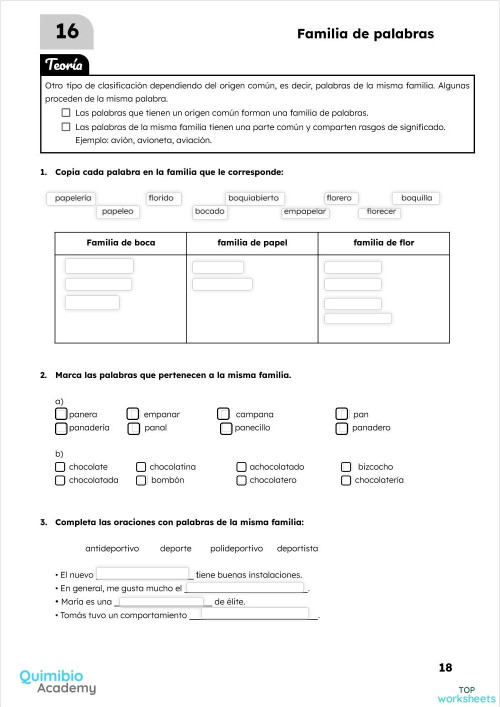 Familia de las palabras. Ficha interactiva | TopWorksheets