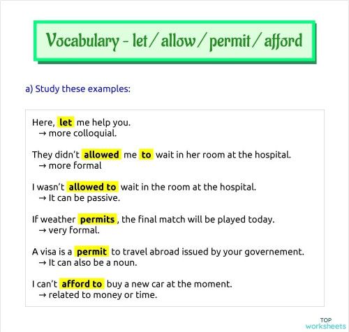 Vocabulary: let / allow / permit / afford. Interactive worksheet ...