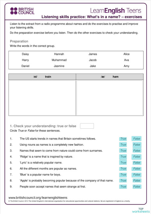 Listening What´s in a name?. Interactive worksheet | TopWorksheets