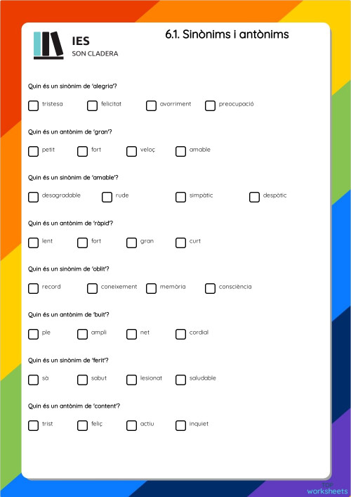 6.1. Sinònims i antònims. Fitxa interactiva | TopWorksheets