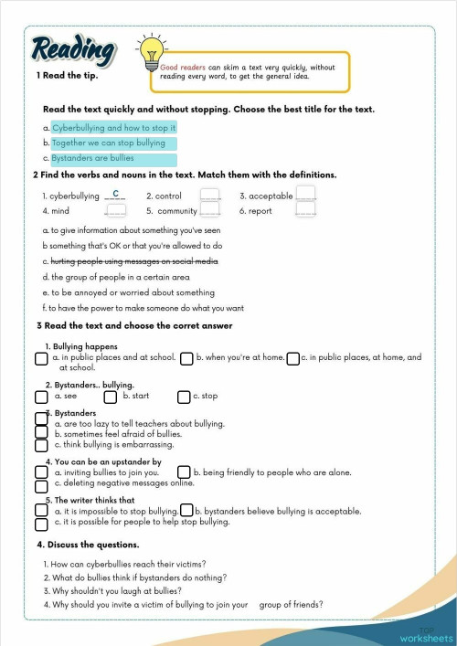 II. 9 Reading: Bullying(4th). Interactive worksheet | TopWorksheets