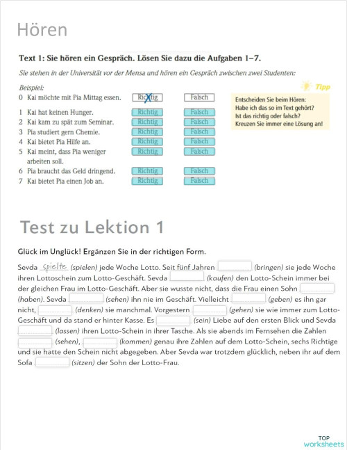 Test zu Lektionen 1 und 2_B1. Interaktives Arbeitsblatt | TopWorksheets