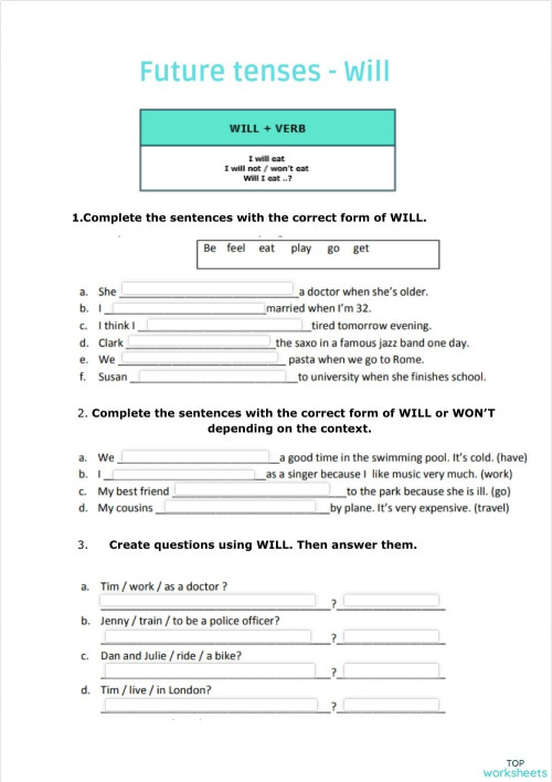 Activity 1- Future tenses Will. Interactive worksheet | TopWorksheets