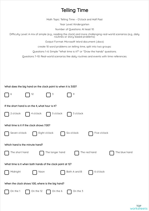 Telling Time. Interactive worksheet | TopWorksheets