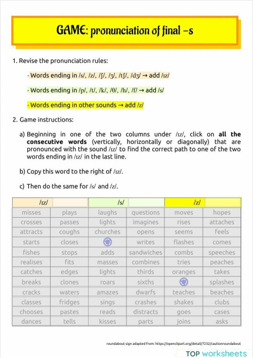 Game: pronunciation of final -s or -es. Interactive worksheet ...