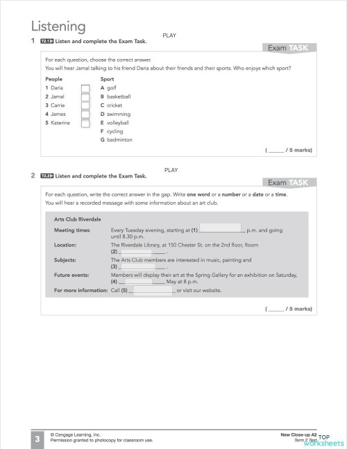 Close-up A2 Term Test 2 Listening. Interactive worksheet | TopWorksheets