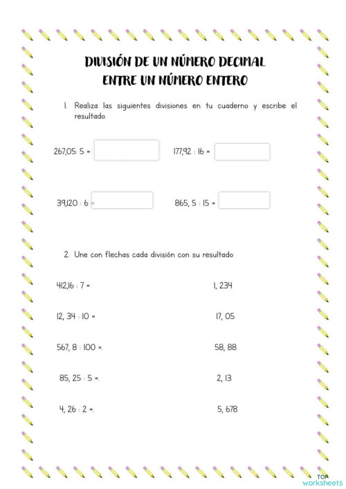 DIVISIÓN CON DECIMALES. Ficha interactiva | TopWorksheets