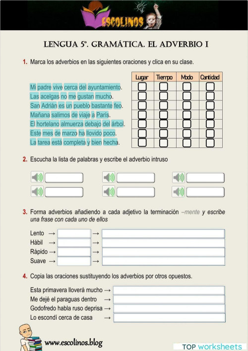 Lengua 5º. Gramática. Adverbios I. Ficha interactiva | TopWorksheets