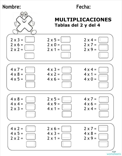 Multplicaciones rápidas tabla del 2y 4. Ficha interactiva | TopWorksheets