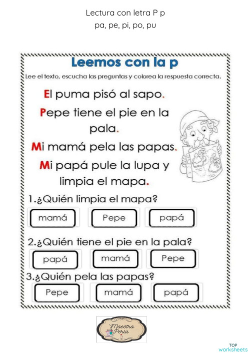 Lectura letra P/colegio Petit. Ficha interactiva | TopWorksheets
