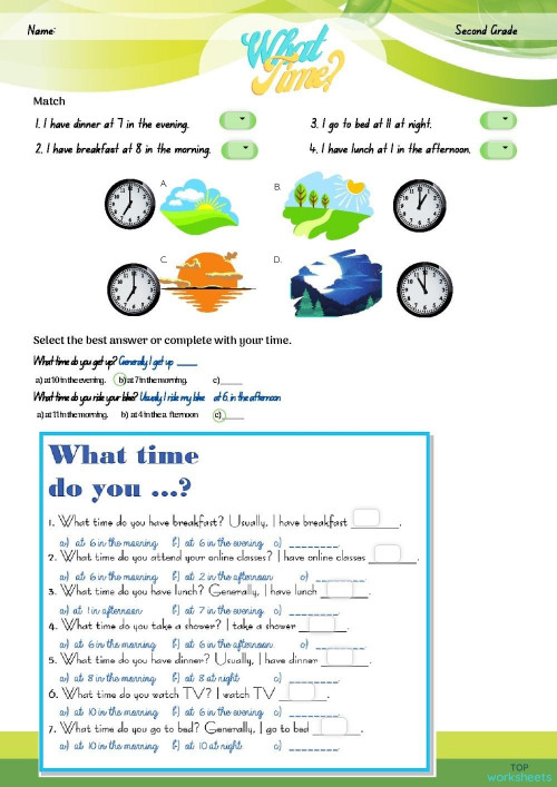 Exp 6 Pre-A1 Activity 2: What time?. Interactive worksheet | TopWorksheets