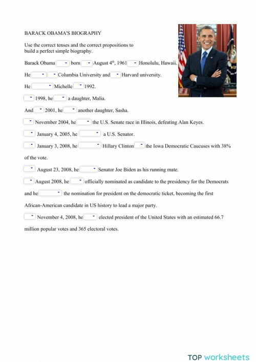 Brarack obama's biography. Interactive worksheet | TopWorksheets