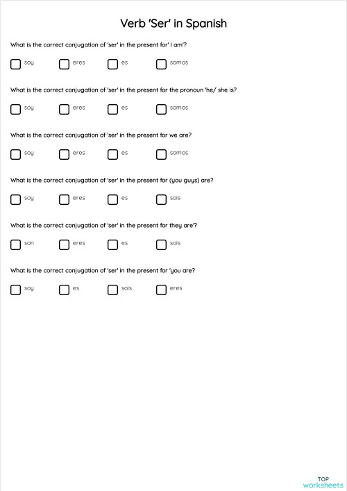 Verb 'Ser' in Spanish. Interactive worksheet | TopWorksheets