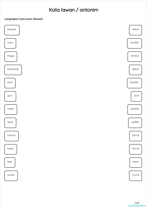 Kata lawan / antonim. Interactive worksheet | TopWorksheets