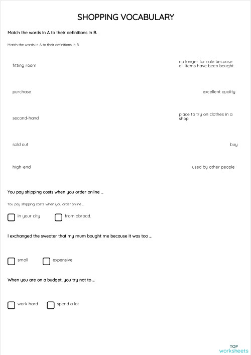 SHOPPING VOCABULARY. Interactive worksheet | TopWorksheets