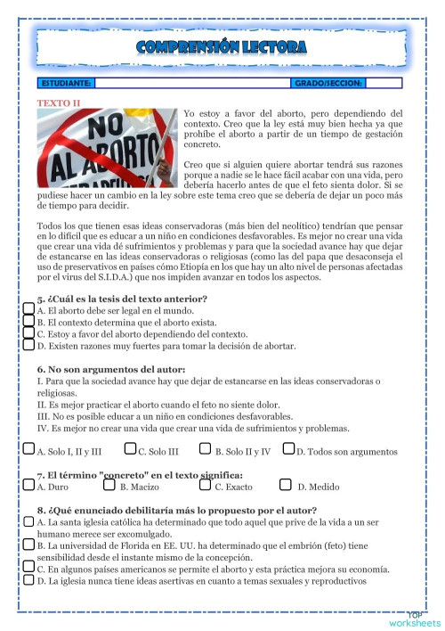 COMPRENSIÓN LECTORA. Ficha interactiva | TopWorksheets