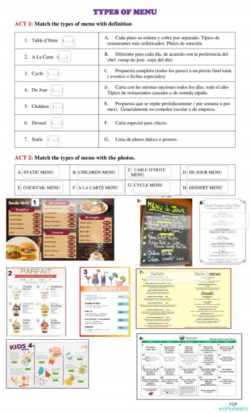 TYPES OF MENU (simple). Interactive worksheet | TopWorksheets