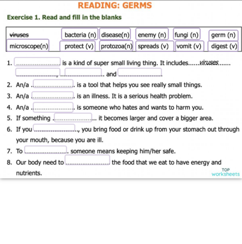 Reading : germs. Interactive worksheet | TopWorksheets