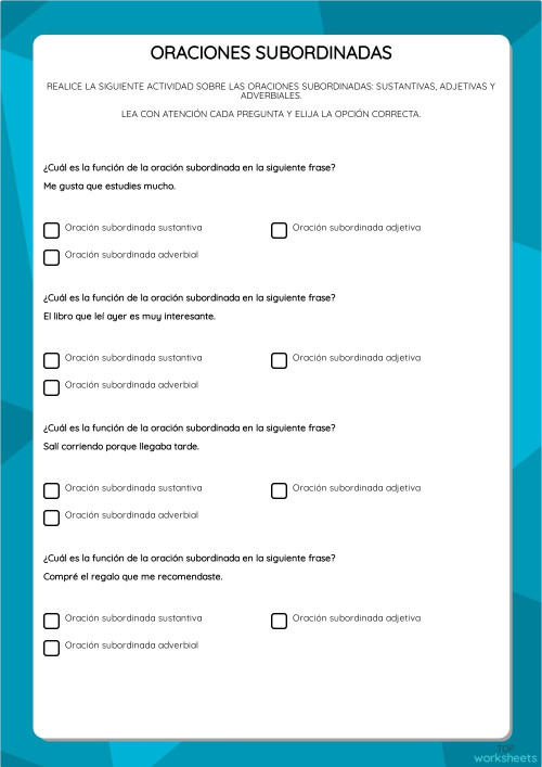 ORACIONES SUBORDINADAS. Ficha interactiva | TopWorksheets